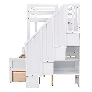 DEYOBED Twin Over Full Wooden Bunk Bed with Storage Shelves Drawers and Staircase for Kids Teens Adults