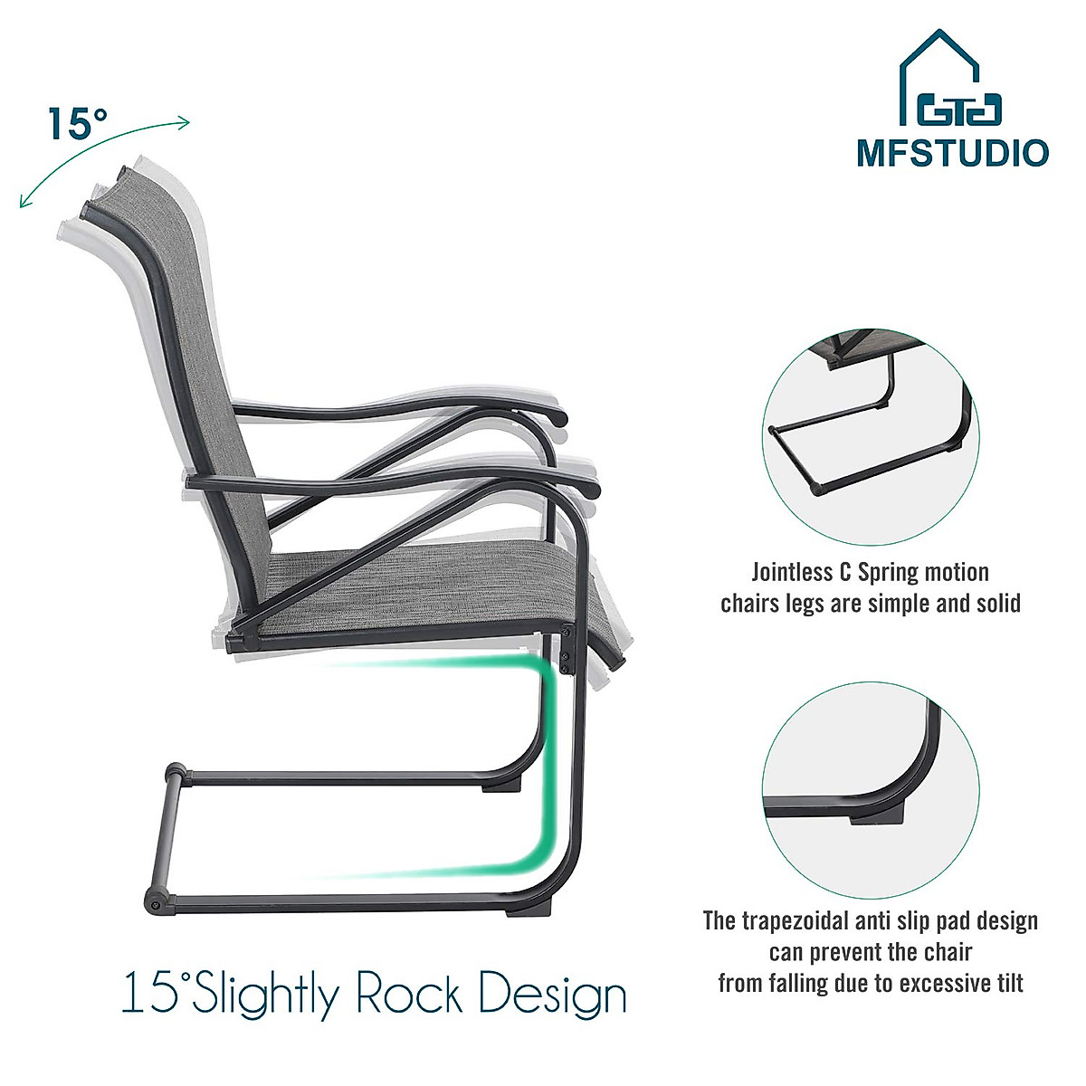 MFSTUDIO Outdoor Sling Dining Chair, 2 PCS Heavy Duty Spring Motion Patio Dining Chair, Tan Color, 300LBS