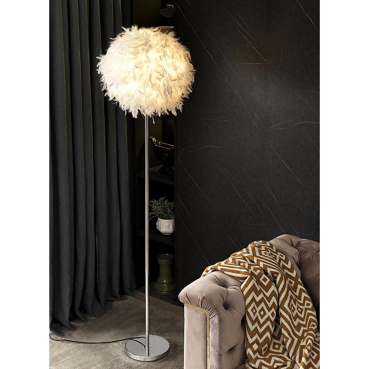 Surpars House Floor Lamp, Elegant White Feather Standing Lamp with On/Off Switch in Line