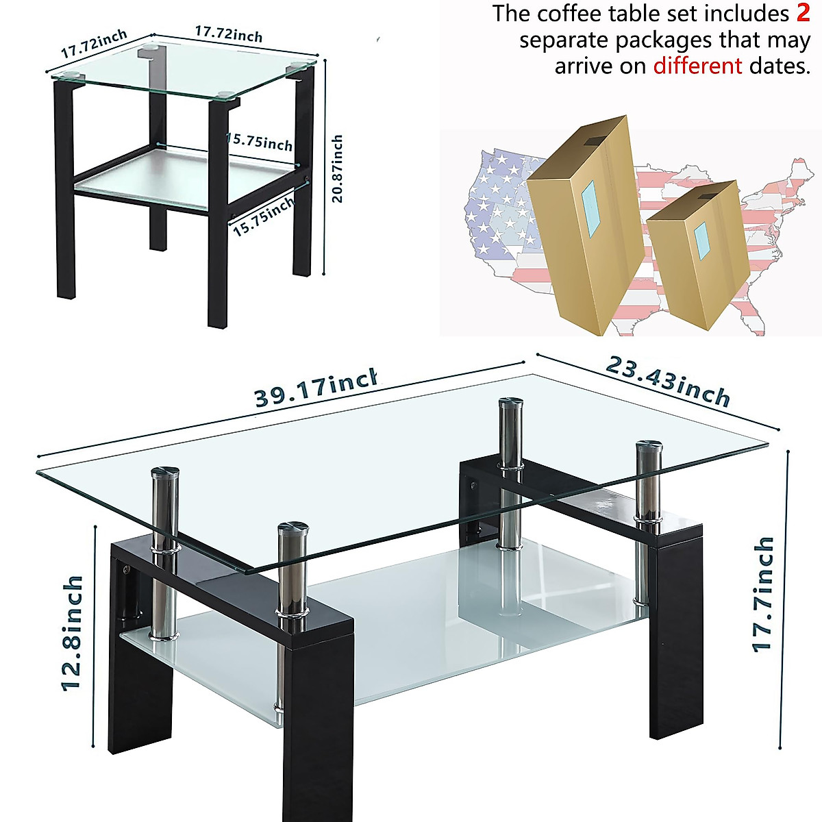 Glass Coffee Table End Table Sets of 3 for Living Room, Mordern Sofa Side Tables with Storage, Corner Table with Black Metal Leg, Rectangle Tempered Center Table Home Furniture Set