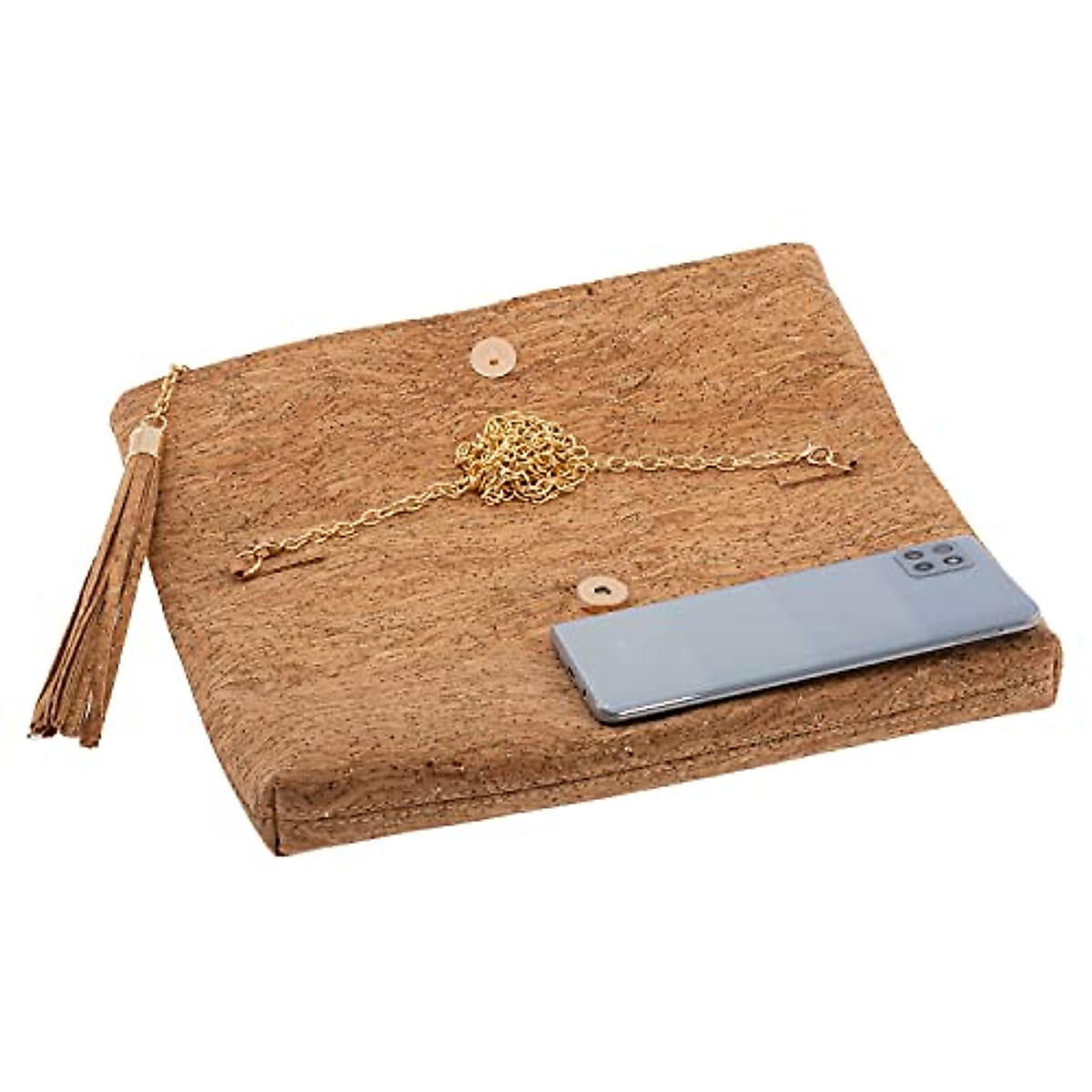 JNB Women's Cork Material Foldover Clutch with Tassel, Gold