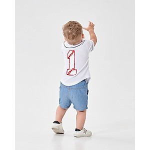 Toddler Baseball 1st Birthday Shirt Baby Boy Rookie of The Year One Year Old Gift V Neck Shirt Button Tee (White 1,12 Months,12 Months,US,Age,Toddler,Male)