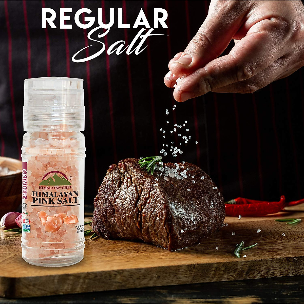 Himalayan Chef Pink Salt and Black Pepper Grinder Set – Refillable Glass Grinder, 5.3 Ounce, Non-GMO, Vegan & Kosher Certified, Perfect for Cooking and Seasoning