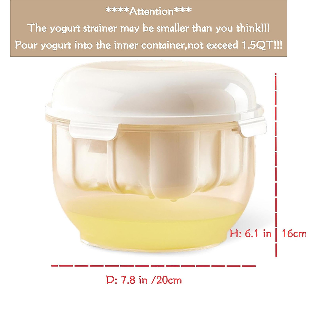 Generic Greek Yogurt Strainer with Lid.Yogurt Filter (1.5QT) with Ultra Fine Mesh,to Makes small batches (600g) of Thick Creamy Greek or Coconut Yogurt, 7.8*7.8*6.1in, White