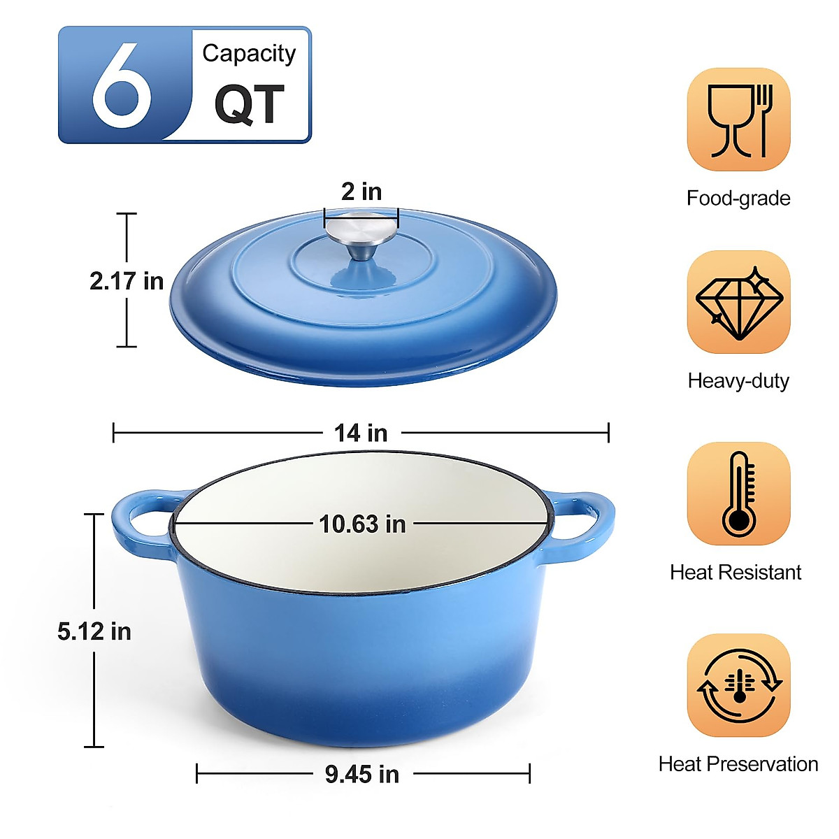 6 Quart Enameled Dutch Oven with Lid, P&P CHEF Cast Iron Dutch Oven Pot, Enamel Round Dutch Oven Cooking Pot for Braising, Stewing, Roasting, Baking, Various Stoves & Oven Safe, (Blue)