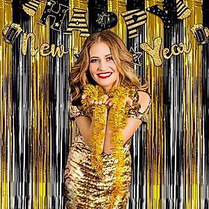 Black and Gold Party Streamers Decoration - GREATRIL Foil Fringe Backdrop for Anniversary/Retirement/Graduation/Farewell/Cocktail/Prom/EID/Birthday - 3.2ft X 8.2ft - 2 Packs