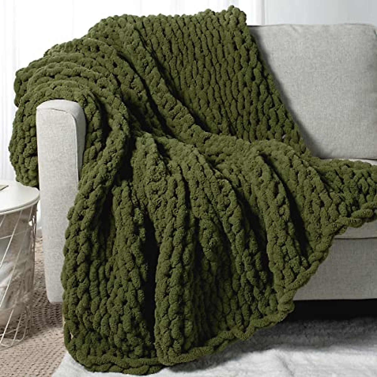 Carriediosa Chenille Chunky Knit Blanket Soft Fluffy Handmade Throw Blanket for Couch Sofa Bed and Home Décor (London Green 50" x 60")
