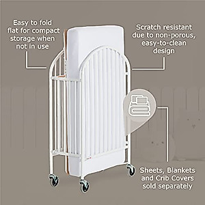 Foundations Pinnacle Folding Steel Crib, Portable Baby Crib with Commercial Grade 3" Casters, Heavy Duty Steel Hotel Crib, Includes 4 Inch Foam Mattress, White