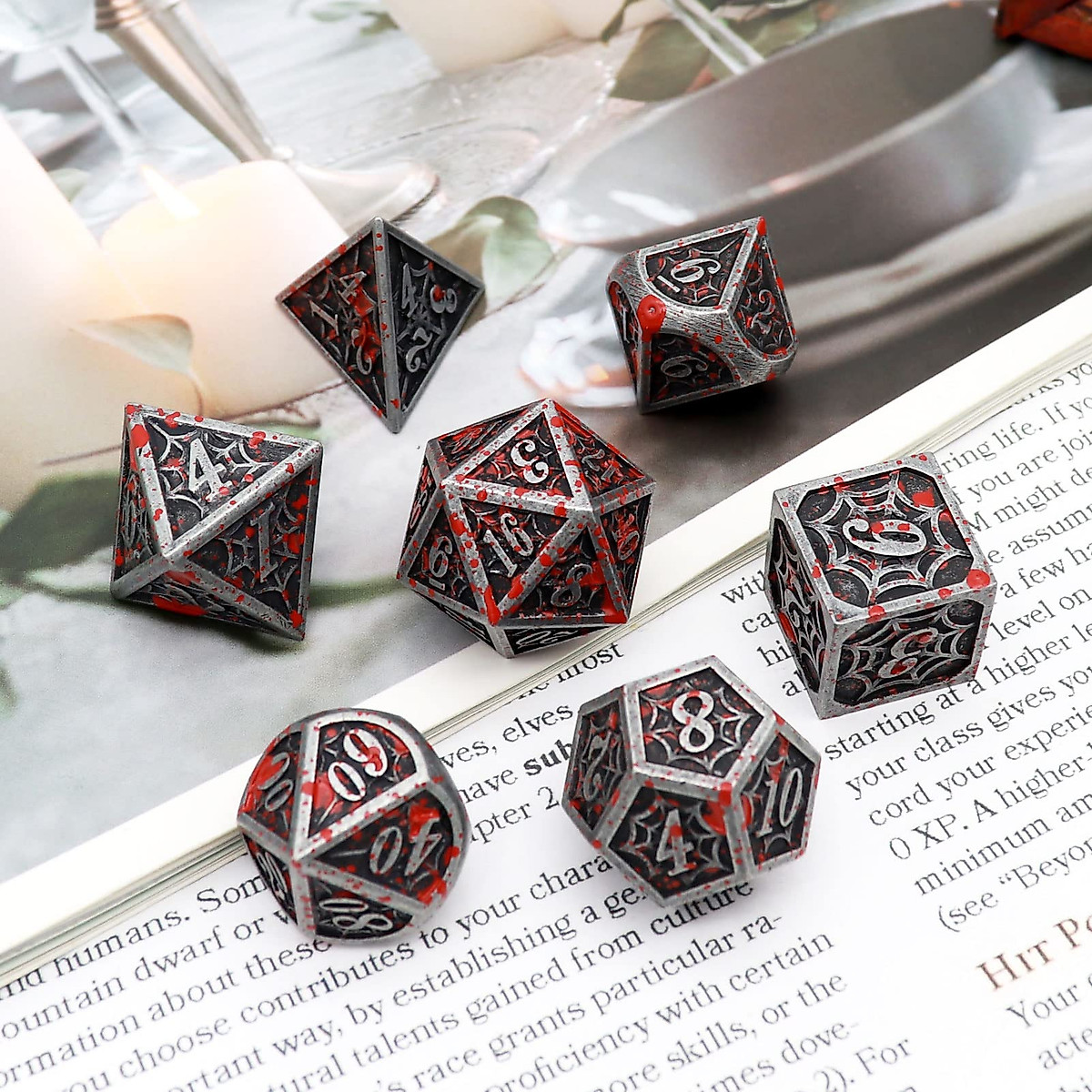 Haxtec Blood Splatter Metal DND Dice Set W/Gift Leather Dice Bag Bloodstained D&D Dice Spider Web Pattern Polyhedral Dice for Dungeons and Dragons TTRPG Games