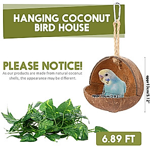 3 Pcs Natural Coconut Bird Hide Nest Birds Parakeet Nest with 6.9 Feet Fake Vines and 4 Hooks, Coconut Fiber Hanging Birdhouse Shell House for Finch Canary Sparrows Reptile Hamster Budgies Cockatiel