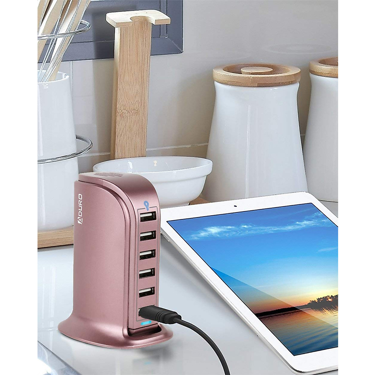 Aduro 40W 6-Port USB Desktop Charging Station Hub Wall Charger for iPhone iPad Tablets Smartphones with Smart Flow (Rose Gold)