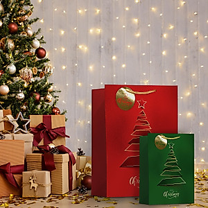 easykart labels 12 Christmas Gift Bags, Red & Green Metallic & Texture Finish with Golden & Spot Gloss Xmas Tree, Assorted Sizes With Handle (4 Extra Large 16", 4 Large 12", 4 Medium 9")