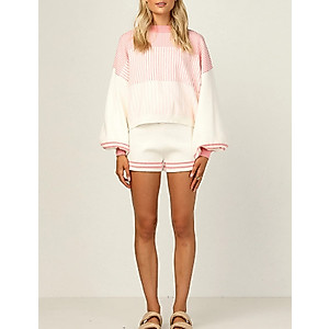 VDWIP Women's Casual Striped 2 Piece Knitted Outfits Crewneck Wide Leg Pullover Knit Shorts Sweater Set (White-M)