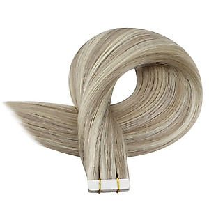 Full Shine Tape in Hair Extensions Human Hair 18 Ash Blonde Highlight 613 Blonde Double Sided Tape in Hair Extensions 12 Inch Invisible Straight Hair Extensions Tape in 30G 20Pcs Tape in Extensions