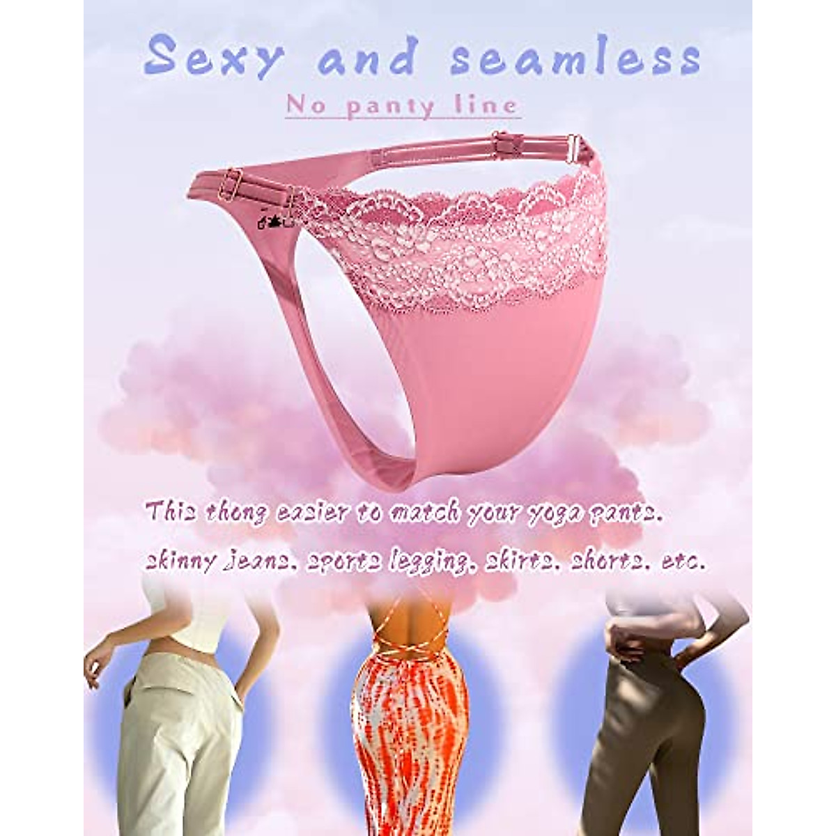 FINETOO 6 Pack Adjustable G String Thongs for Women Seamless Underwear High Cut Lace Trim Thong Womens Panties Sexy S-XL