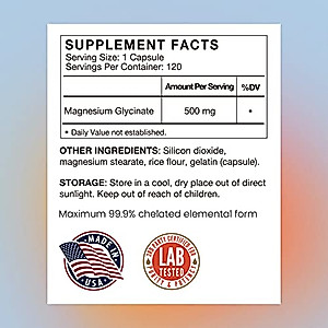 Magnesium Glycinate 500mg Supplement Capsules, Chelated High Absorption Bioavailable Gentle Form Magnesium, Highly Purified Magnesium Mineral Supplements for Women & Men, 120 Veggie Caps, Made in USA