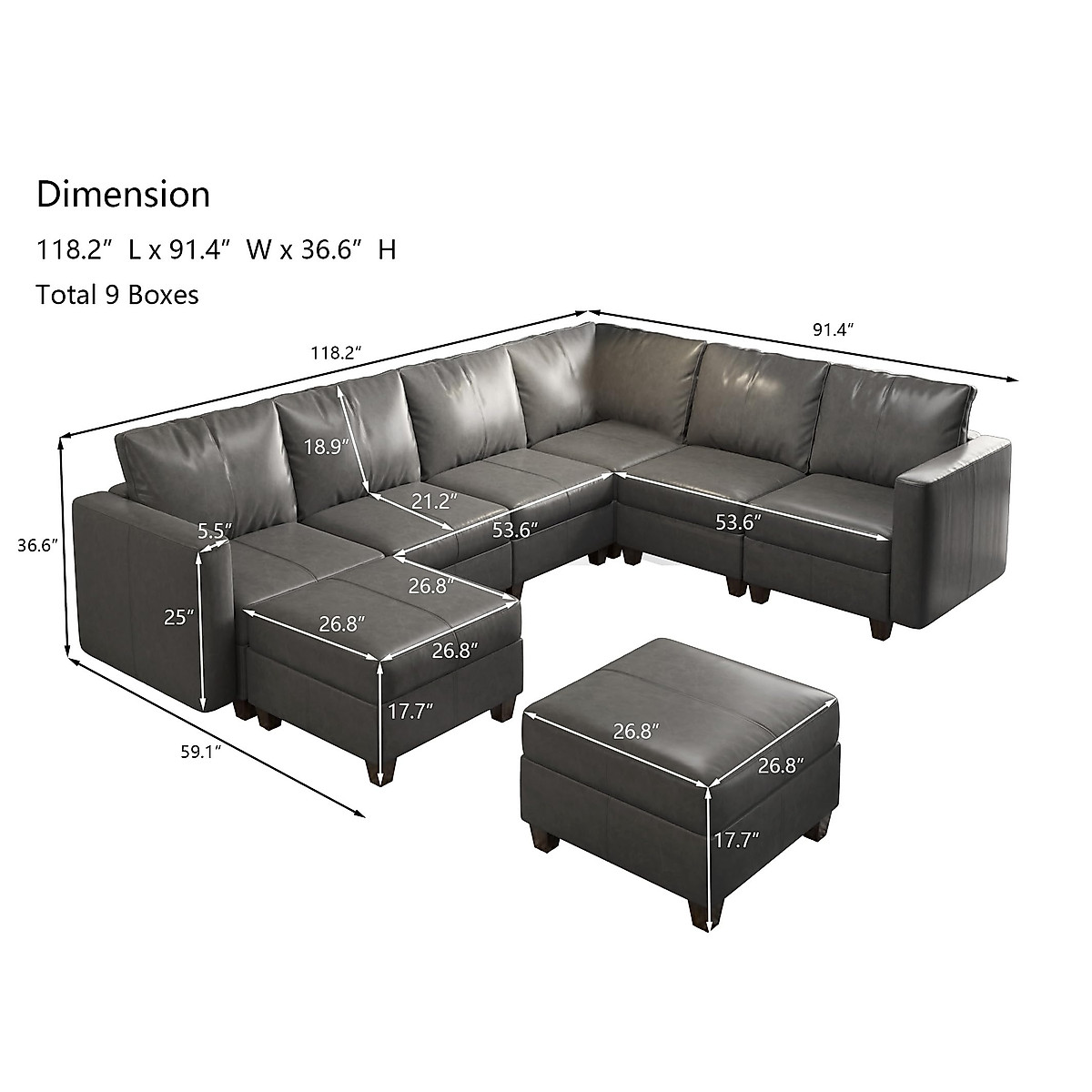 EASE MOOSE Modular Sectional Sofa with Storage, U Shaped Sectional Faux Leather Sectional Couch Large Sectional Sofa, Grey