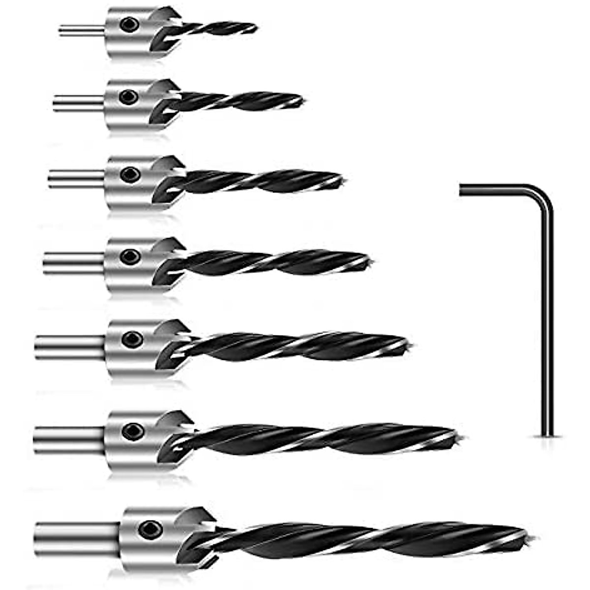 Werkzeug Countersink drill bit Set, Wood Drill Bit Set with One Hex-Key, High Carbon Steel Smart Drill Bit for Woodworking Adjustable Carpentry Reamer Plated (7 PCS)