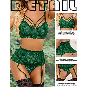 ADOME Lingerie Set for Women High Waisted Underwire Lingerie with Garter Belt Sexy Bra and Panty Sets Green,XL