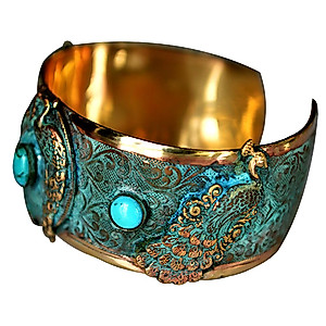 Elaine Coyne Collectible Artwear Verdigris Patina Brass Peacocks in Paradise Cuff Bracelet - Turquoise