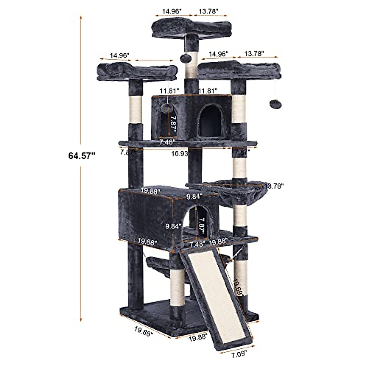 BEWISHOME 64.5inches Cat Tree for Indoor Cats Multi-Level Cat Tower with Scratching Posts, Board, Cozy Plush Perches Cat Condo for Large Cat Play House MMJ20H