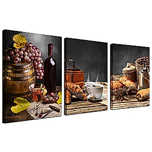 Kitchen Canvas Wall Art Coffee and Red Wine Paintings Vintage Farmhouse Pictures Bread Fruit Artwork Prints Framed for Dinning Room Bar Home Wall Decor, 12"x16"x3 Panels, Ready to Hang