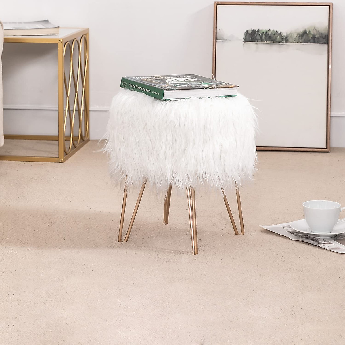Adeco Vanity Stool Chair Round Faux Fur Ottoman with Metal Legs, Soft Furry Footrest Stool Padded Seat, Upholstered Decorative Furniture for Bedroom Living Room, White Small