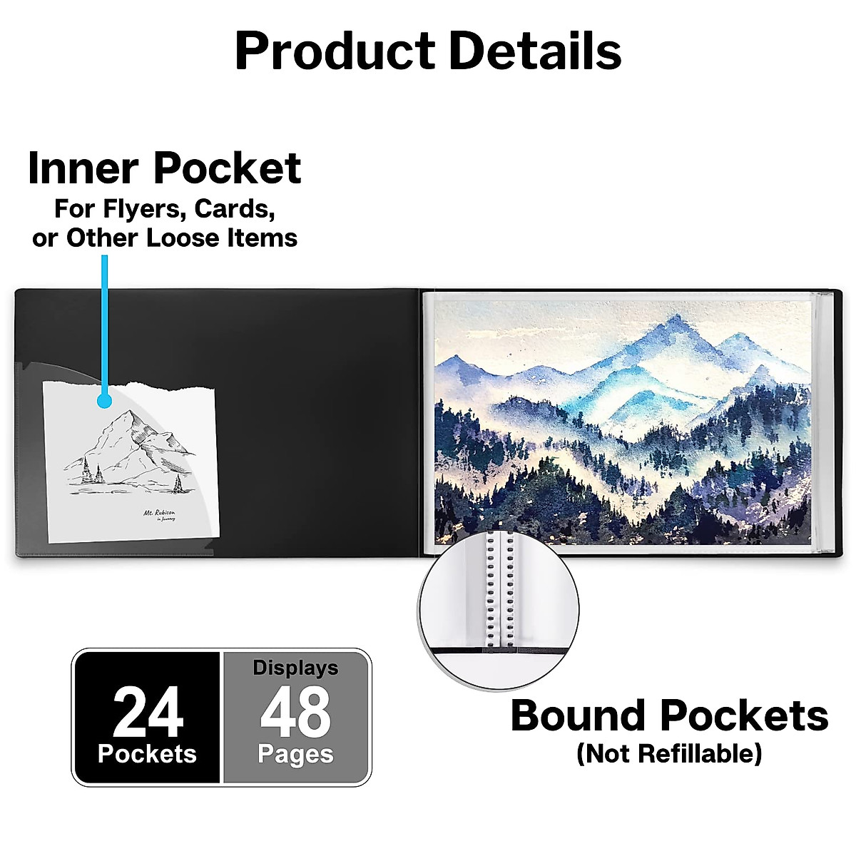 Dunwell 11x17 Portfolio Binder (Black, Horizontal), Presentation Book with 24 Pockets, Large 11 x 17 Art Portfolio Folder, Acid-Free Poly Cover and Sleeves