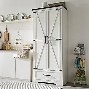 JXQTLINGMU 72" Tall Farmhouse Kitchen Pantry with Adjustable Shelves, Large Wood Kitchen Storage Cabinets with 2 Barn Doors & Drawer, Versatile Storage for Dining Room, Bathroom, Antique White