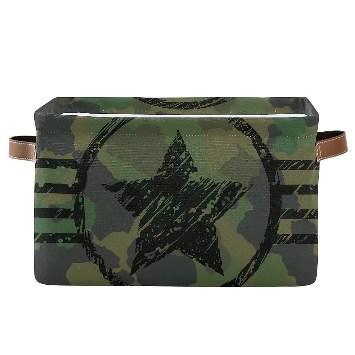 Military Camouflage Storage Basket Storage Bin Rectangular Collapsible Storage Box with Leather Handles Laundry Baskets Organizer for Kitchen, Bedroom