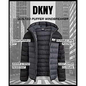 DKNY Boys Jacket – Midweight Insulated Quilted Outerwear Parka Puffer Coat – Water Resistant Boys Winter Hooded Jacket (8-20), Size 10-12, Charcoal/Black