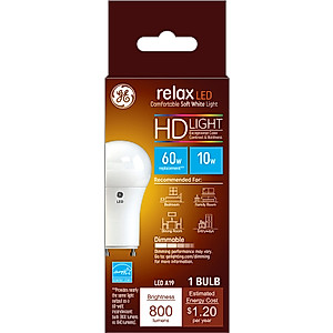 GE Lighting Relax LED Light Bulb, 10 Watts (60 Watt Equivalent) Soft White HD Light, Plug-In GU24 Base, Dimmable (1 Pack)
