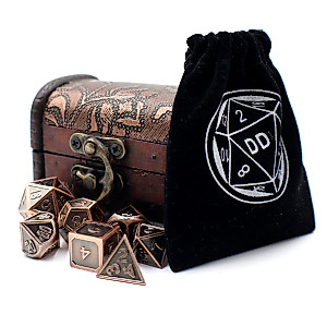 Metal Dice Set with Bronze Border and Storage Chest for Tabletop Games