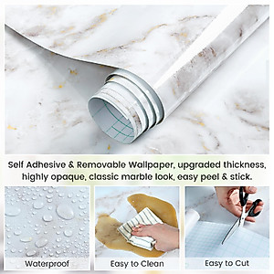 rabbitgoo Glossy Marble Contact Paper Peel and Stick Wallpaper 17.5" X 78.7" Countertop Furniture Waterpoof Self Adhesive Removable Cover for Kitchen Bathroom Cabinet Drawer Shelf Liner Vinyl Roll