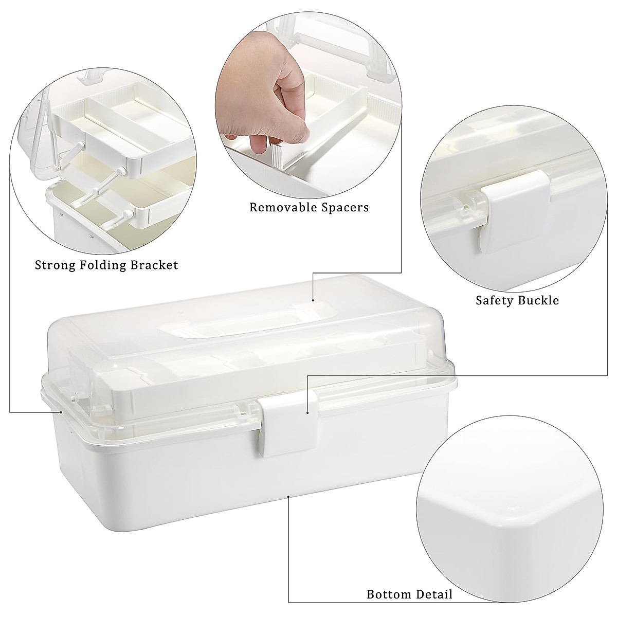 BTSKY 3-Layer Plastic Dividing Storage Box Craft Organizer and Storage with Adjustable Spacers Portable Handled Art Supply Organizer Multipurpose Home Utility Box for Medicine Box Sewing Box Organizer (Beige White)