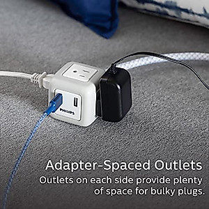 Philips 3-Outlet Cube Cord with 2 USB-A Ports, 10 Ft Extension Cord, Adapter Spaced Outlets, Grounded, Space Saving, Flat Plug, Outlet Extender, Rubberized Finish, ETL Listed, Gray/White, SPS3102WB/37