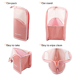 LEEFONE Makeup Brush Organizer Bag, Pink Travel Makeup Brush Holder, High Capacity Portable Waterproof Dust-Free Stand-Up Makeup Brush Holder with Divider for Women Girls