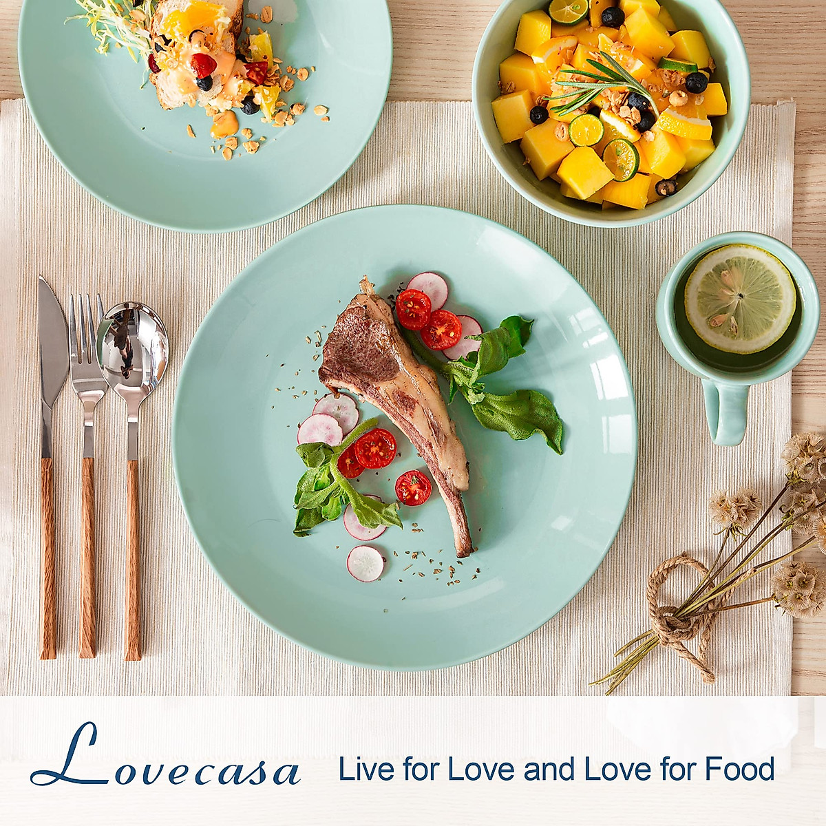 LOVECASA Dinnerware Sets for 4, 16-Piece Green Dishes Set, Porcelain Plates and Bowls Sets with Dinner Plates, Dessert Plates, Bowls and Mugs, Microwave Dishwasher Safe, Light Green