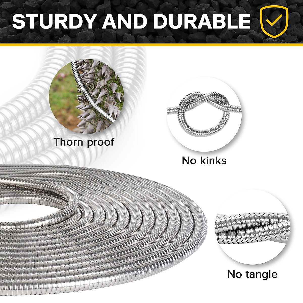 Ainpota Garden Hose Water Hose 100ft Metal Heavy Duty Stainless Steel Water Pipe with Sprayer & Nozzle Flexible Lightweight Hose No Kink Pet Proof Hose for Yard, Outdoors, Rv