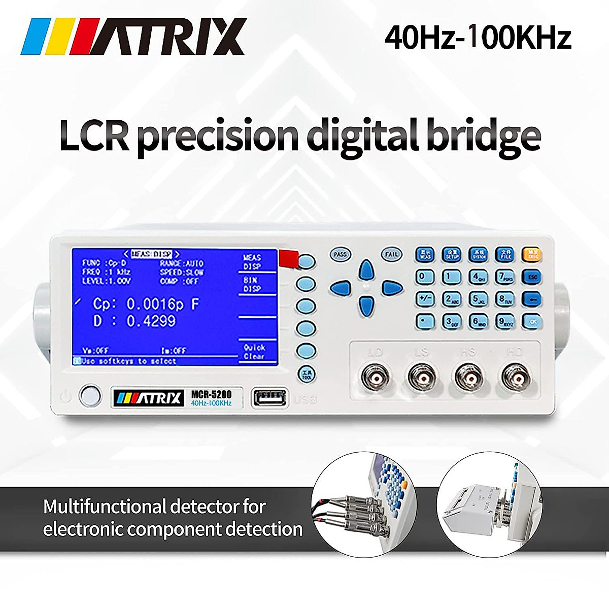 MATRIX LCR Meter, Capacitance Meter 40Hz-100kHz, Inductance Meter Accuracy 0.1%, Digital Multimeter with 32-Bit Core Processor, Electronic Component Tester 30Ω/100Ω Two Output Resistance, MCR-5100
