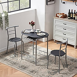 VECELO 3 Piece Small Round Dining Table Set for Kitchen Breakfast Nook, Wood Grain Tabletop with Wine Storage Rack, Save Space, 31.5", Black and Silver