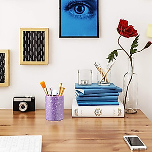 PU Glitter Pen Holder Pencil Cup Shiny for Women Girls, Luxury Makeup Brush Holder Pu Leather Organizer Cup Gift for Desk Office Classroom Home (Purple)