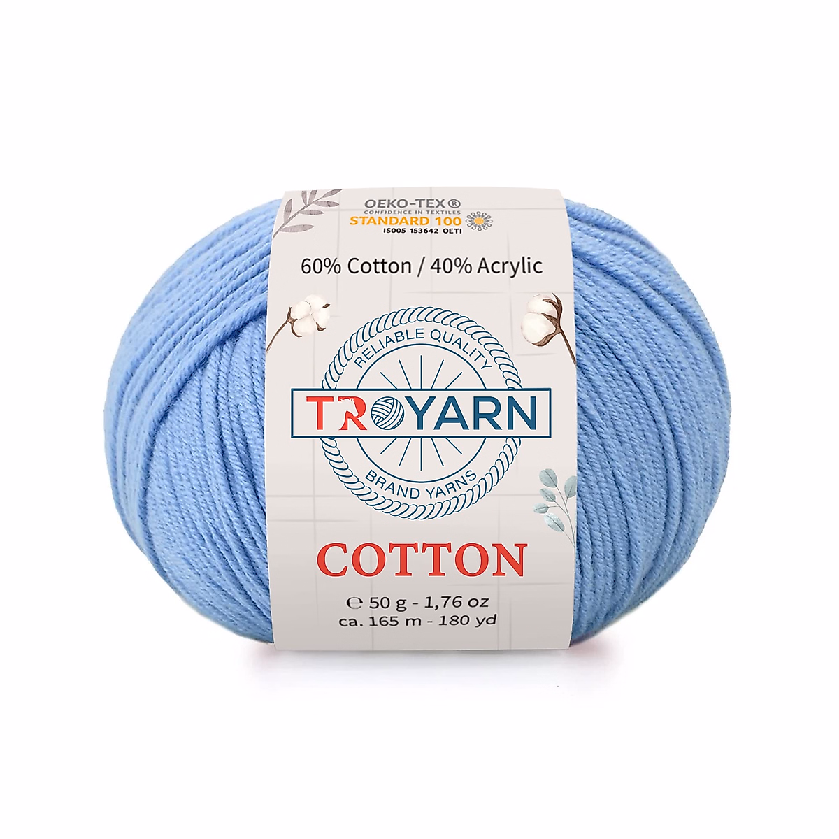 Troyarn Cotton 60% Cotton 40% Acrylic Yarn, Soft, Fine/Sport (2) for Crochet and Knitting 1.76 Oz (50g) / 180 Yds (165m) (10323 - Light Blue)