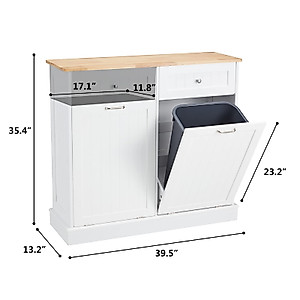 GTQuality Double Tilt Out Trash Cabinet, Dual Kitchen Trash Bin Cabinet with Hideaway Drawer, Wooden Free Standing Recycling Cabinet Garbage Can Holder Pet Proof(White)