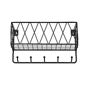 OROPY Mail Holder with Key Hooks, 11in L×3.1in W×6.1in H, Wall Mounted Matte Black Metal Wire Mesh Storage Basket with 5 Hooks, Easy to Organize Letters, Magazines, Keys, Leashes for Entryway