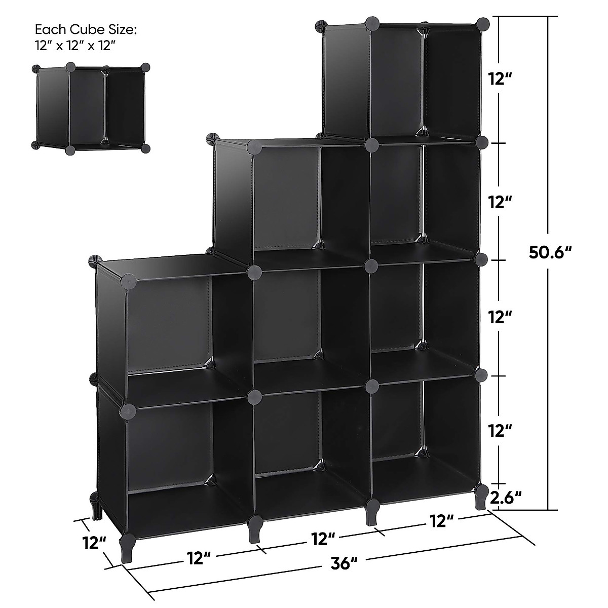 SUPER DEAL 9 Cube Storage Organizer DIY Plastic Stackable Shelves Modular Bookshelf with Wooden Mallet and Feet for Home Bedroom, Living Room, Bathroom, Office, Black