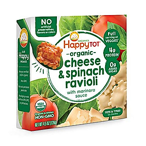 Happy Tot Organics Love My Veggies Bowl, Cheese & Spinach Ravioli with Marinara Sauce, 4.5 Ounce Pouch (Pack of 8) packaging may vary