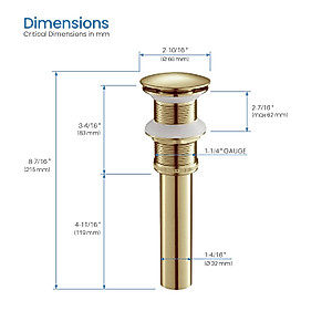 KIBI Bathroom Sink Pop Up Drain Without Overflow (Full Cover) | Lavatory Vanity Drain Stopper (Brushed Gold) (KPW103)