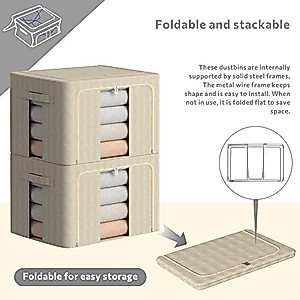 3 Pack Clothes Storage Bins Stackable Large Capacity Metal Frame Storage Box Large Capacity Foldable Oxford Fabric Clothes Container Organizer with Clear Window (Extra Large-100L, Beige)