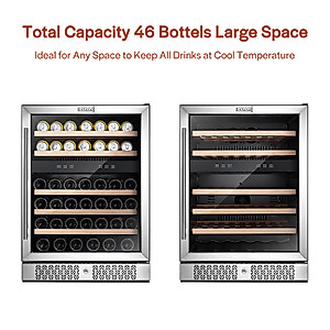 Empava Refrigerator 24 inch Double Zone Fridge for 46 Bottles Built in or Freestanding Compressor Chiller Stainless Steel Glass Door for Home, Office Bar Wine Cooler with Wood Shelves, Silver